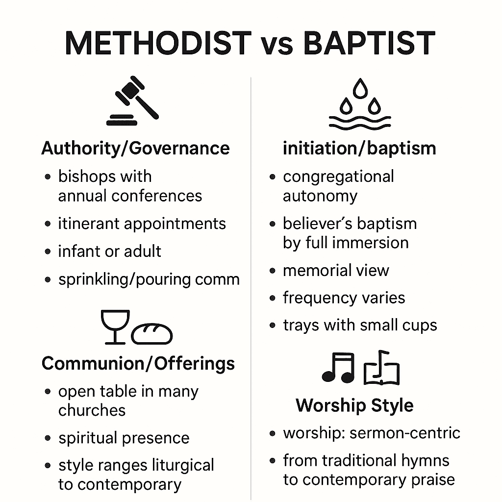 Methodist vs Baptist – Beliefs, Differences, and Comparison Chart